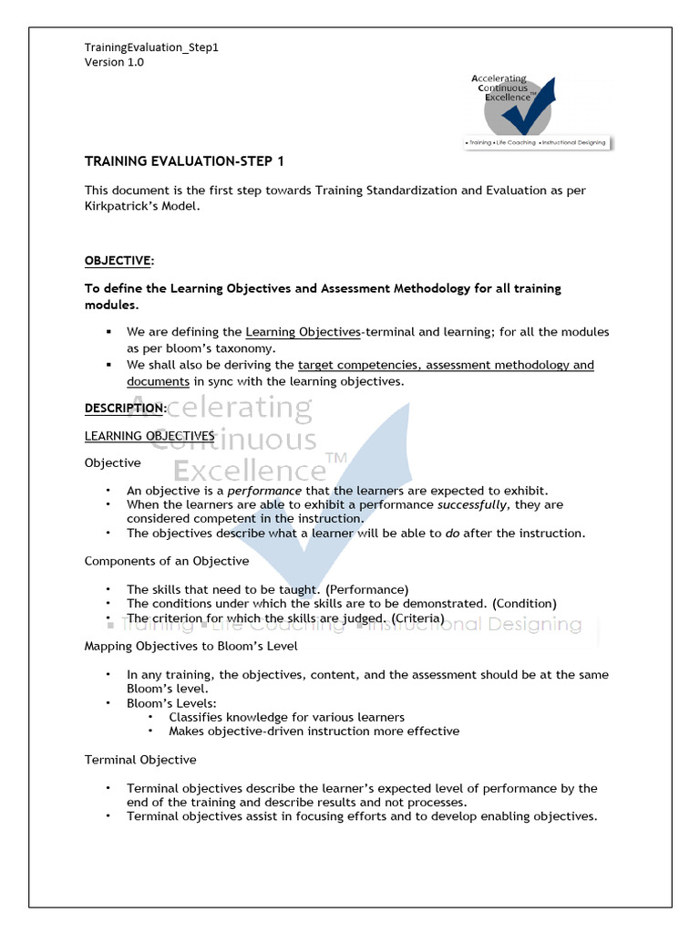 Training Evaluation-Step 1 Objectivessssssssss | PDF | Learning ...
