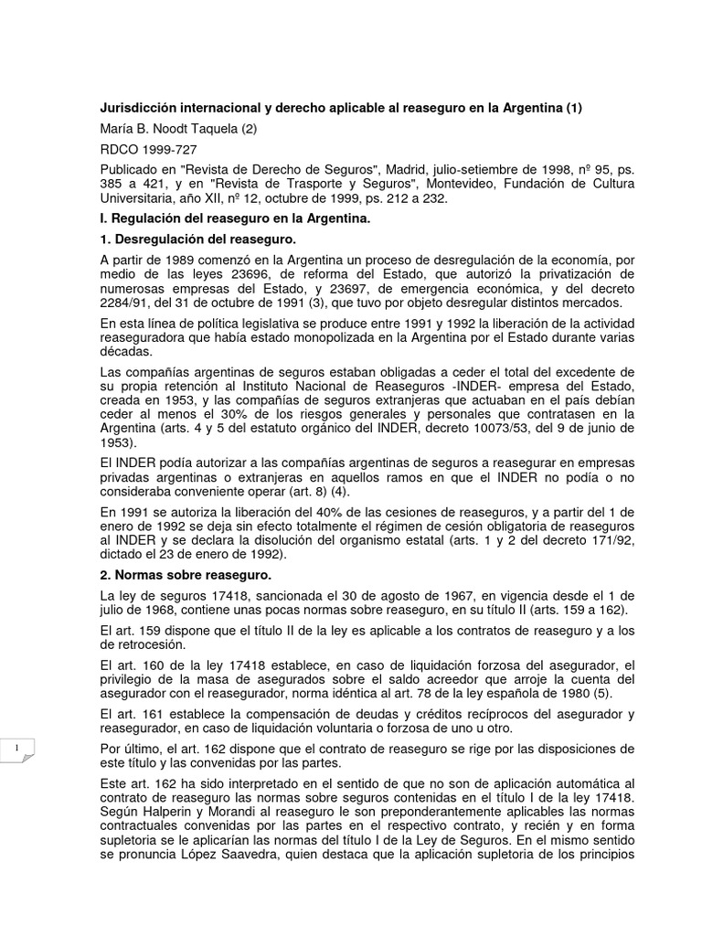Noodt Taquela - Jurisdicciã N Int y Derecho Aplicable Al Reaseguro en Argentina | PDF ...