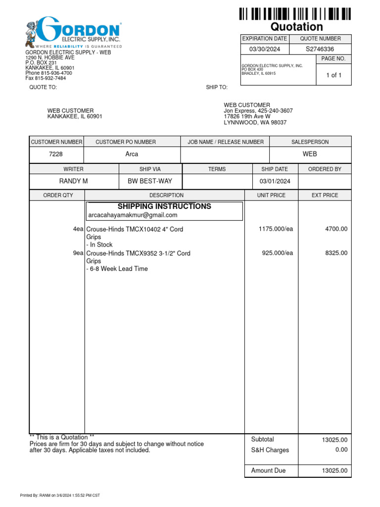 Quotation: Shipping Instructions | PDF