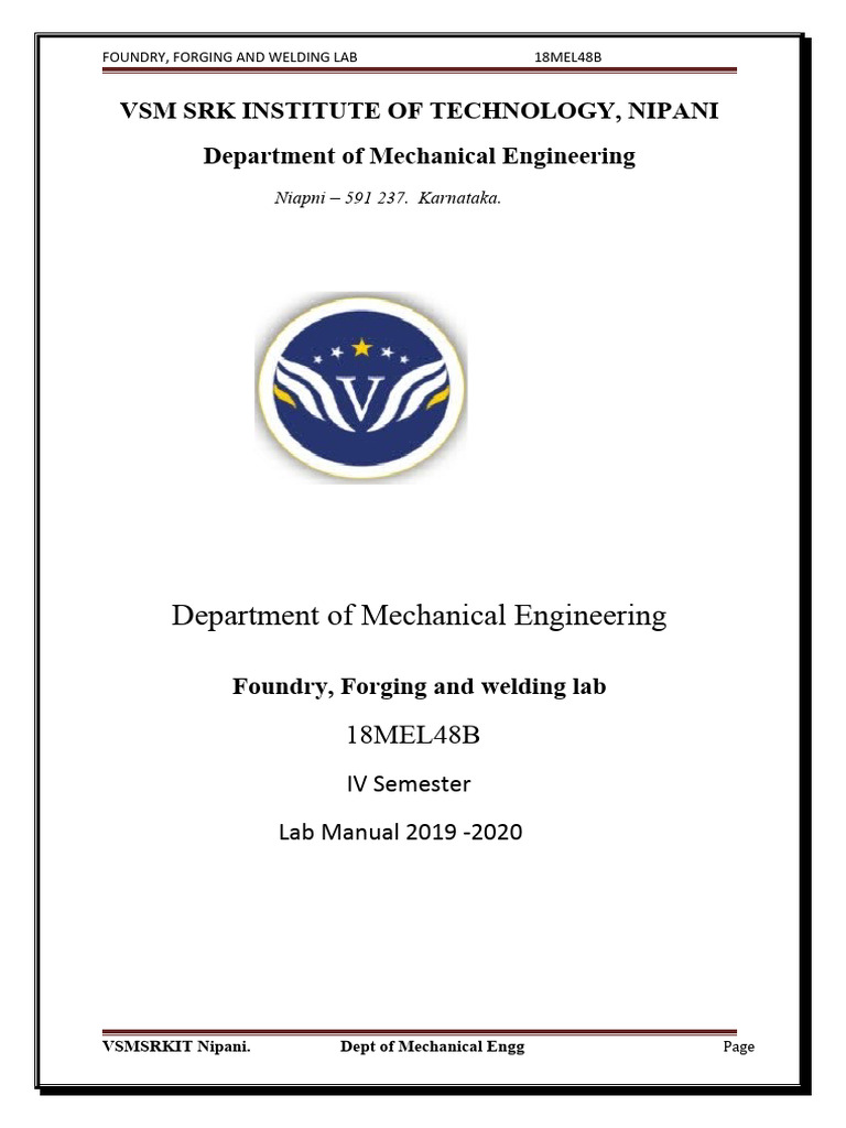4th Sem Foundry Forging and Welding Lab (18MEL48B) | PDF | Forging ...
