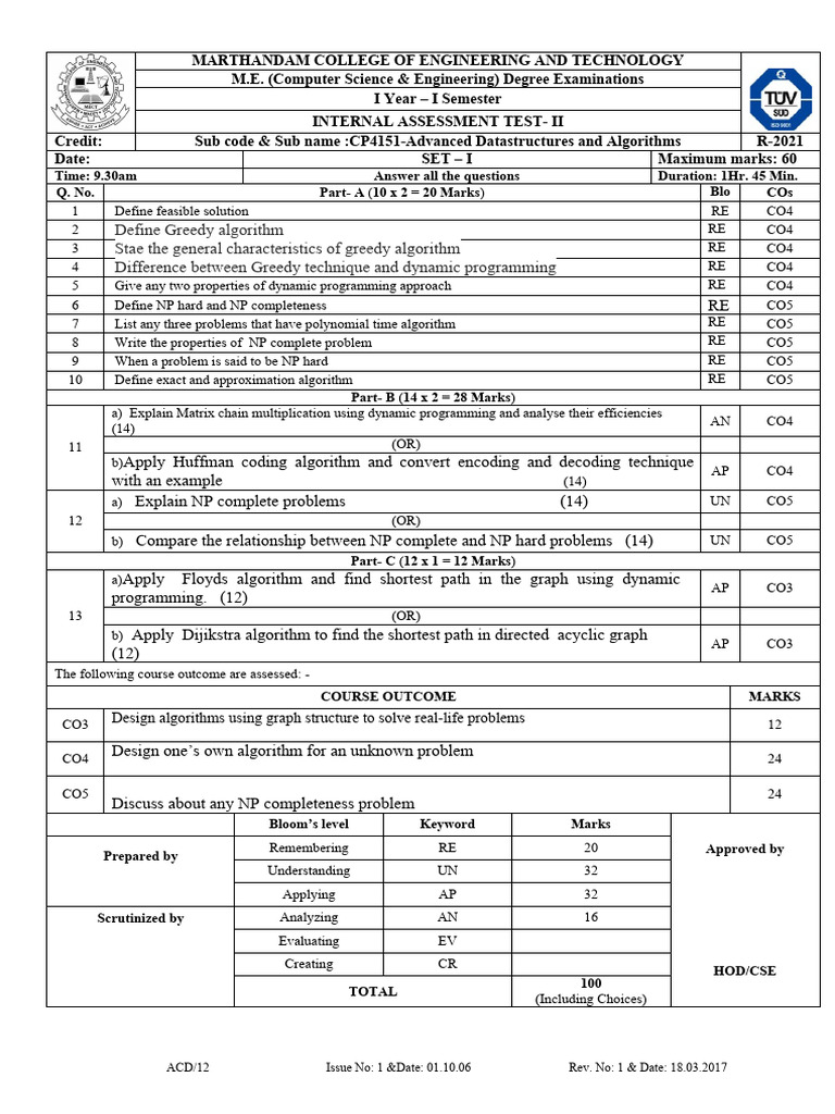 Adsa Int2 QP | PDF | Dynamic Programming | Algorithms