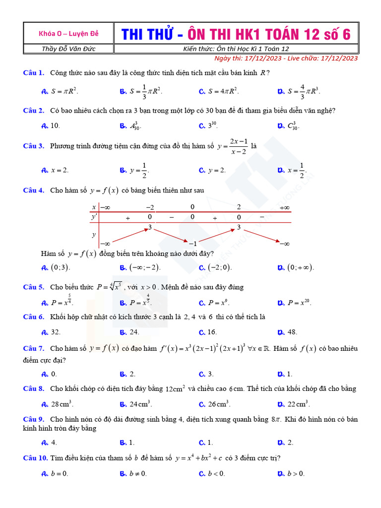 (ĐVĐ) - Đề thi HK1 toán 12 lần 6. | PDF