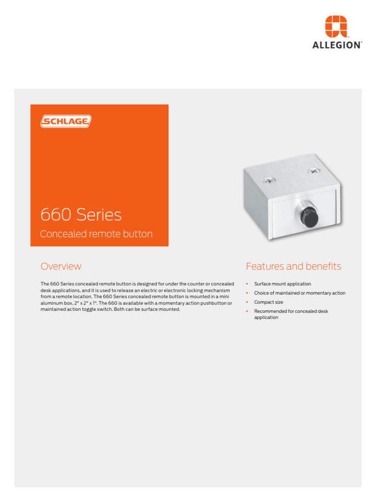 Schlage 660-PB and 660-T4 Push Button Data Sheet 103912 Product Data ...