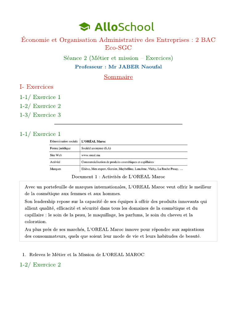 Seance 2 Metier Et Mission Exercices | PDF