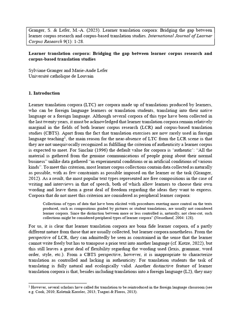Learner Translation Corpora - Bridging The Gap Between Learner Corpus Research and Corpus-Based ...