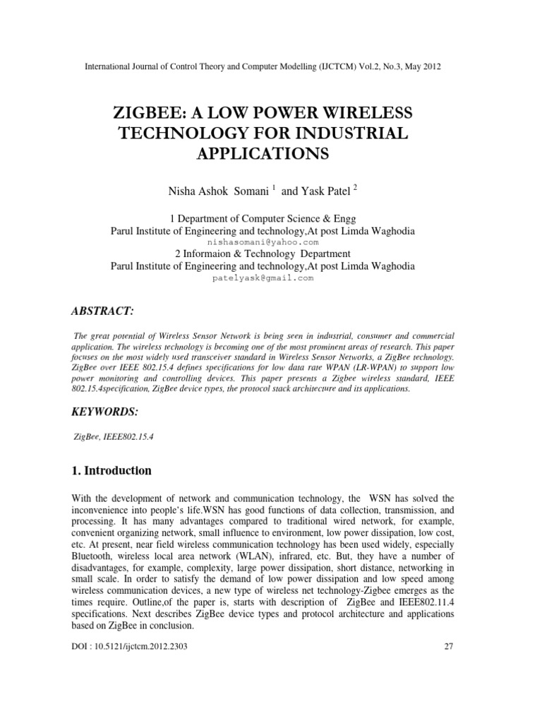 Zigbee A Low Power Wireless Technology F Pdf Computer Network