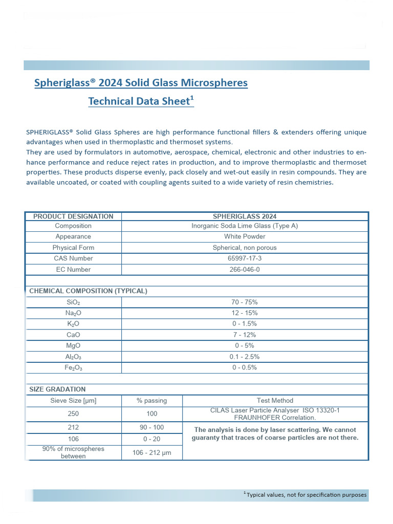 Spheriglass 2024 Technical Datasheet - TECOLA | PDF | Glasses | Solid