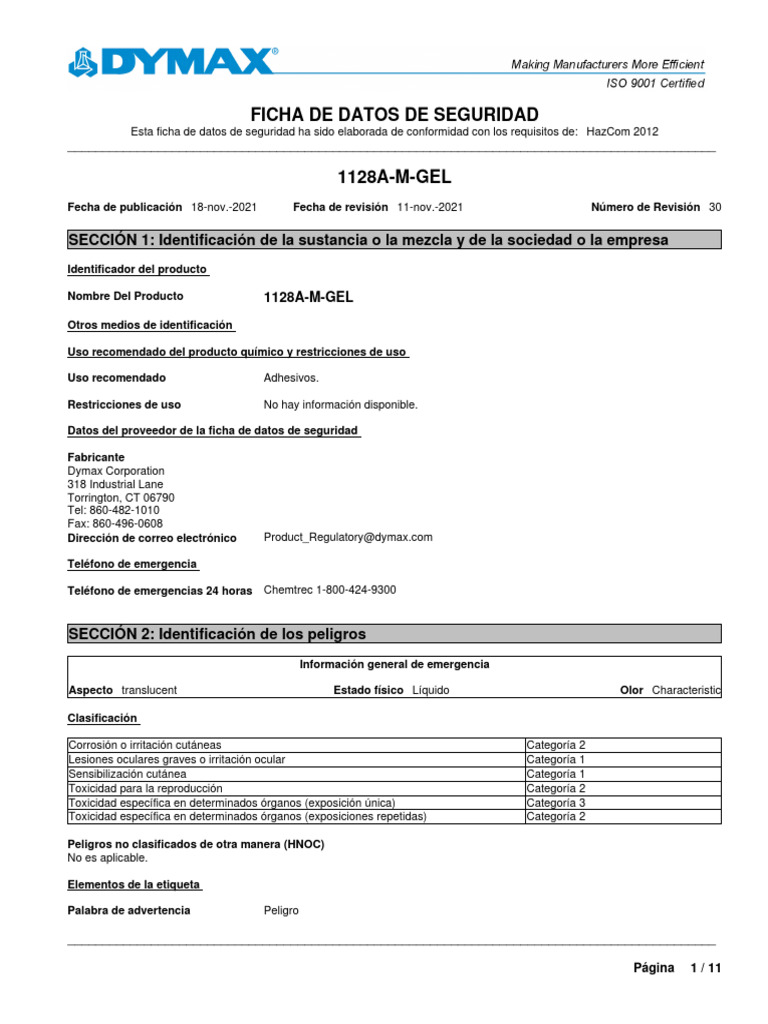 Ficha de Datos de Seguridad: SECCIÓN 1: Identificación de La Sustancia o La Mezcla y de La ...