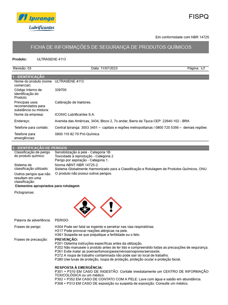 FISPQ do Produto Ultrasene 4113 | PDF | Dióxido de carbono | Química