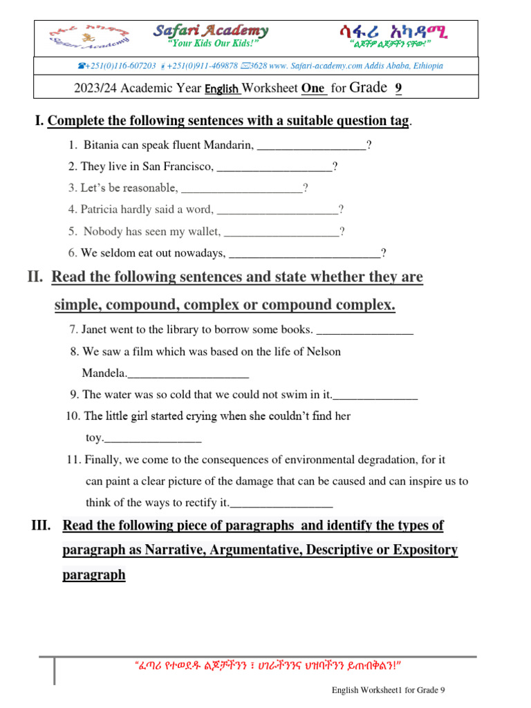 English Worksheet For Grade 9 | PDF | Linguistics