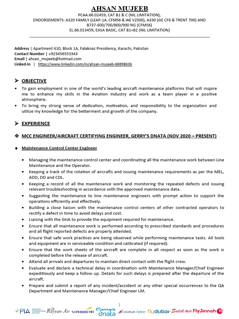 B1 Aircraft Maintenance Engineer CV | PDF | Aviation | Aircraft