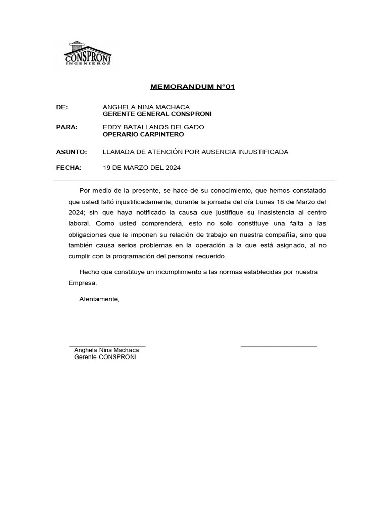 Llamadas de Atención por Ausencia Injustificada | PDF