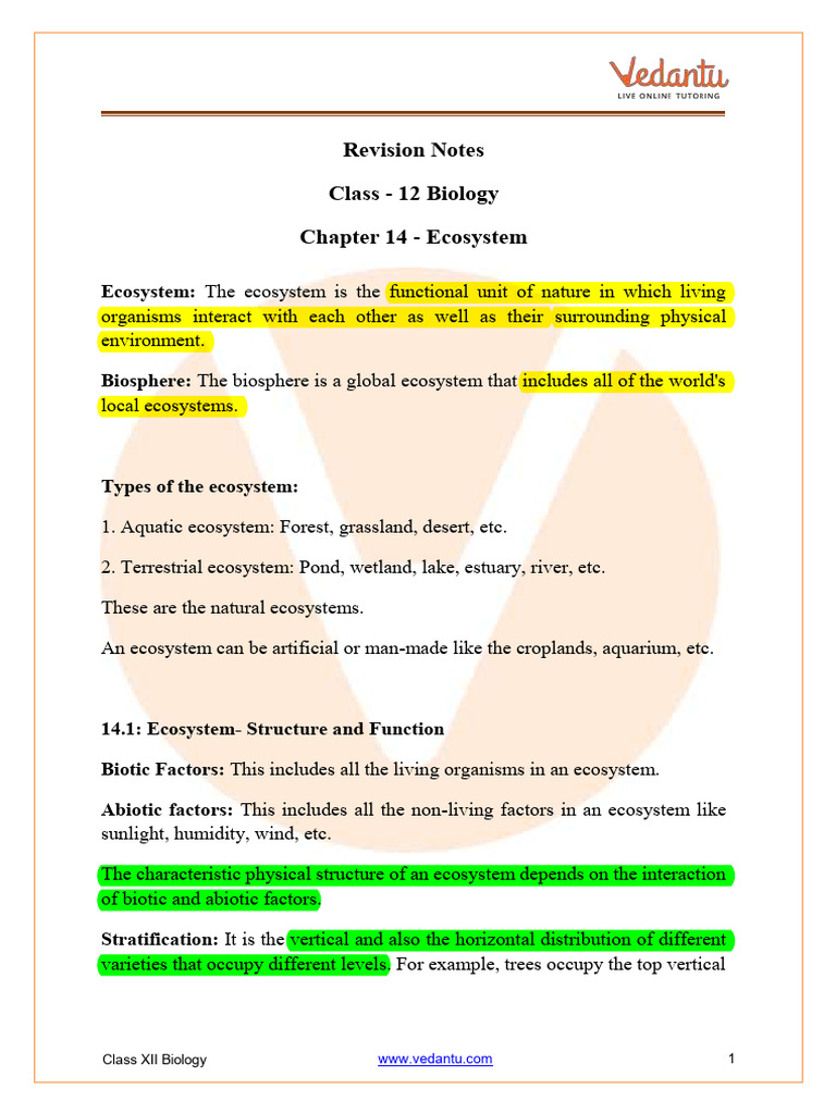 Ecosystem Class 12 Notes CBSE Biology Chapter 14 (PDF) | Download Free ...