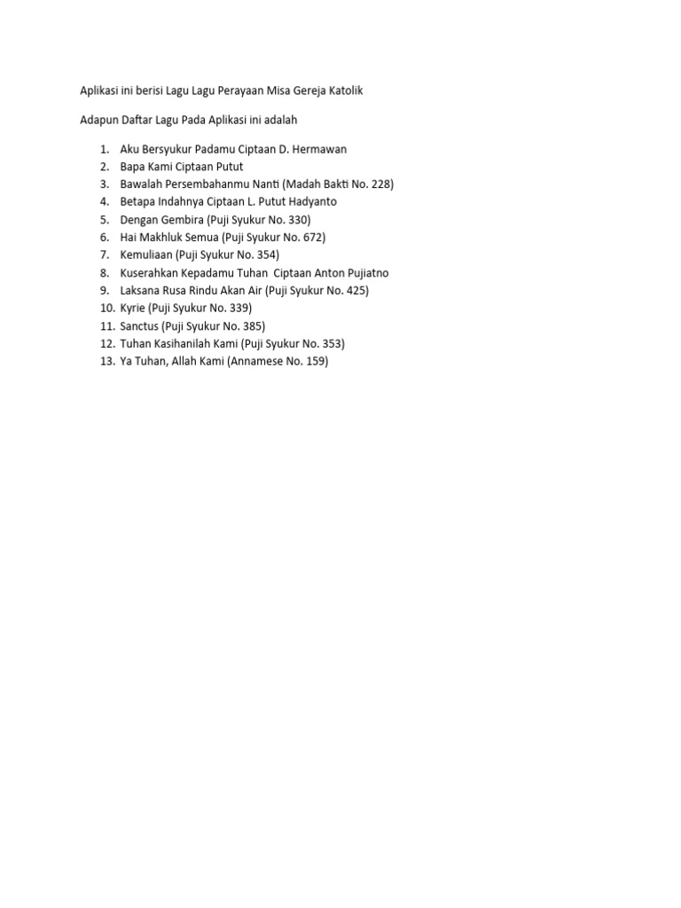 Aplikasi Ini Berisi Lagu Lagu Perayaan Misa Gereja Katolik | PDF