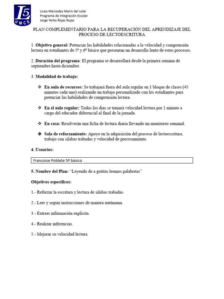 Intervención Complementaria 5ºA | PDF | Salón de clases | Modificación de comportamiento