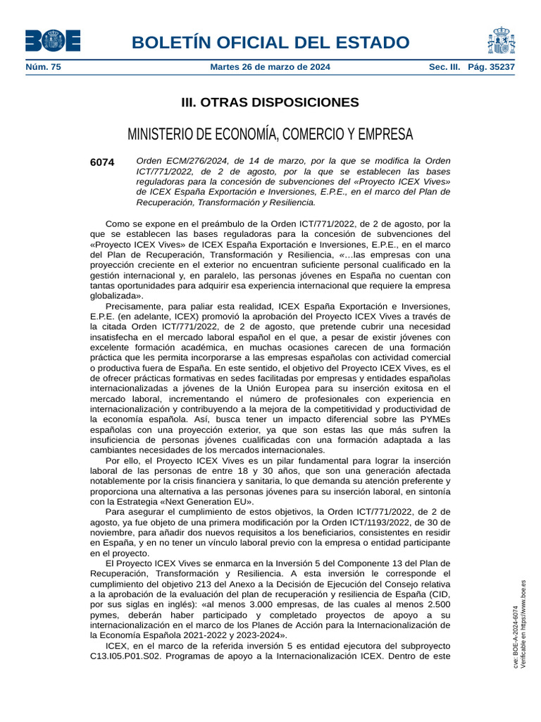 Modificación Proyecto ICEX Vives 2024 | PDF | Otorgar dinero) | Business