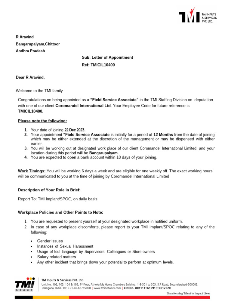 letter-Appointment Letter_R Aravind(TMICIL10400) | PDF | Employment ...