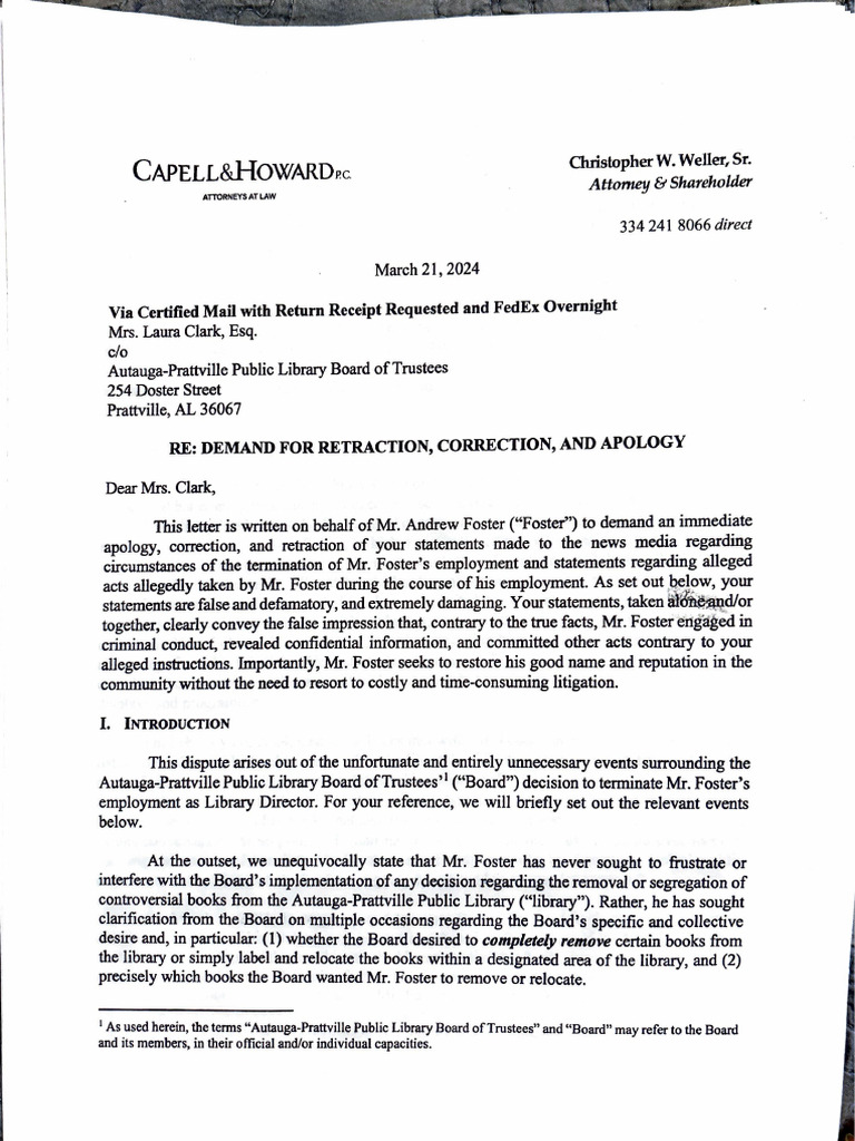 Letter From Andrew Foster's Attorney To Laura Clark. | PDF | Defamation ...