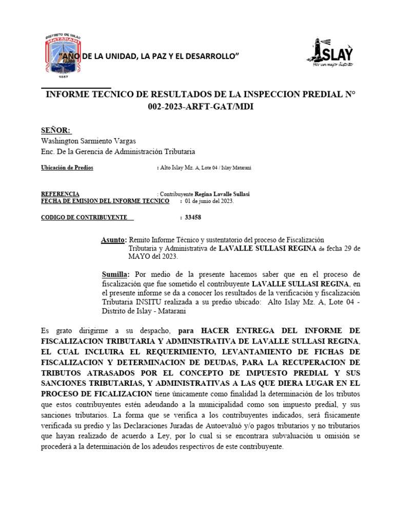 Informe Tecnico de Resultados de La Inspeccion Predial N | PDF