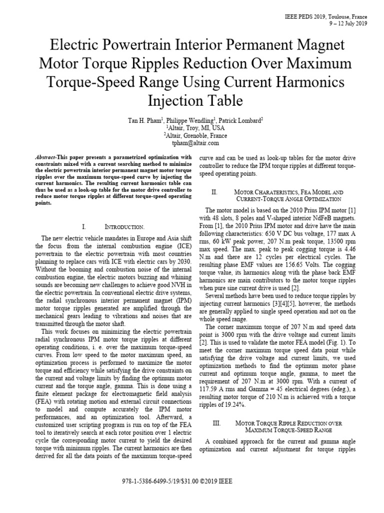 PEDS2019 Torque Ripples Current Harmonics | PDF | Electric Motor | Engines