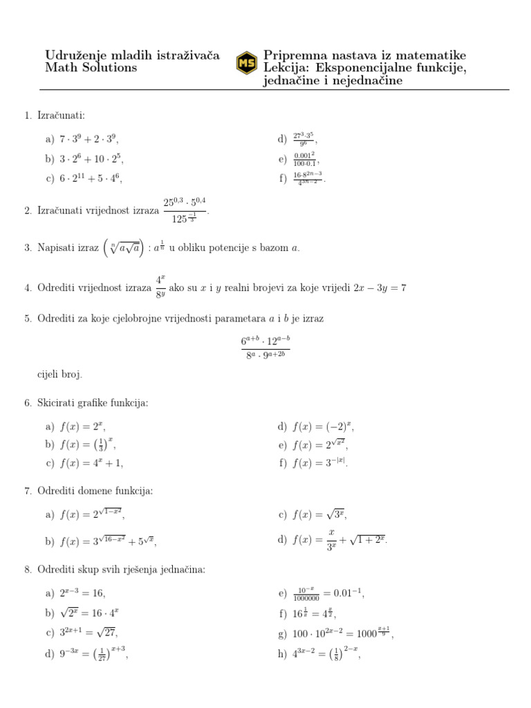 MathSolutions - Eksponencijalna Funkcija, Jednačine I Nejednačine | PDF