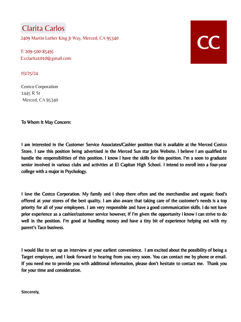 Job Application for Costco Position | PDF | Career & Growth