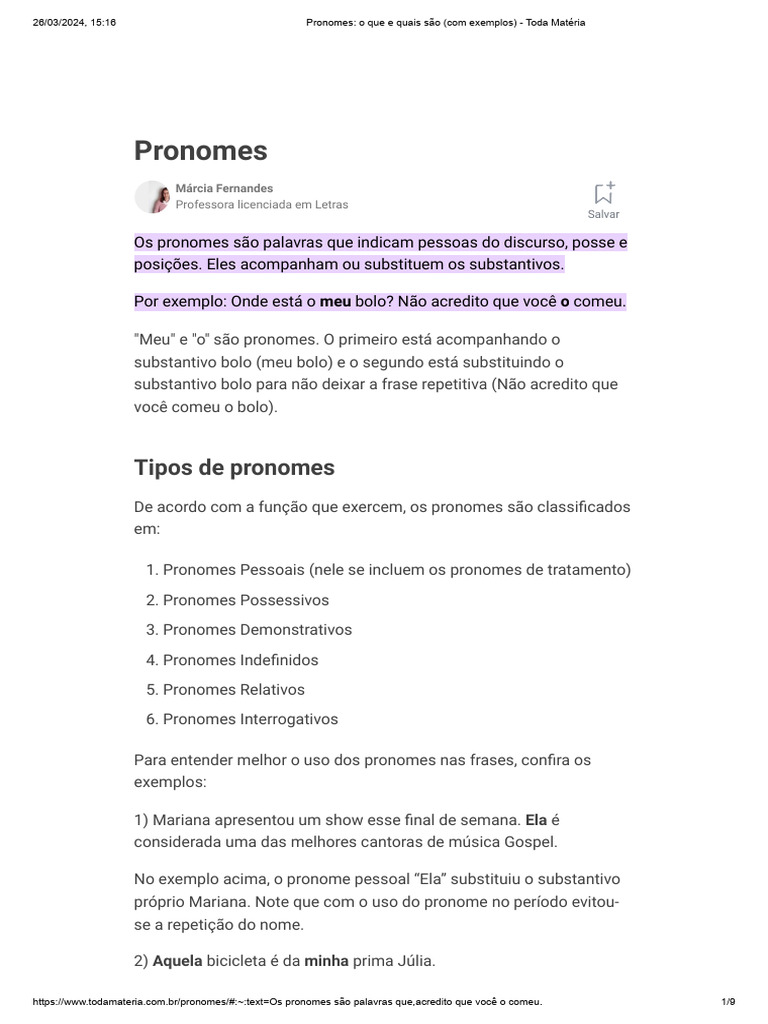 Pronomes - o Que e Quais São (Com Exemplos) - Toda Matéria | PDF ...