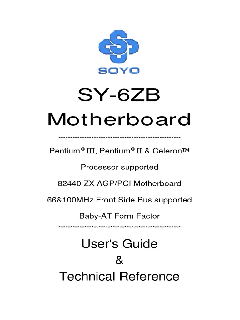 SY-6ZB Motherboard: User's Guide & Technical Reference | PDF | Bios | Booting
