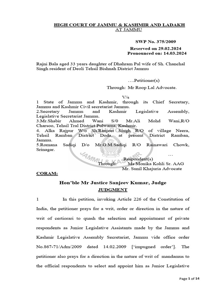 Rajni Bala v. State of Jammu and Kashmir & Ors. | PDF | Supreme Court ...