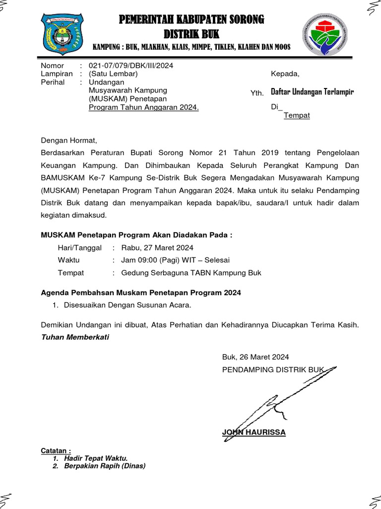 Undangan Muskam Penetapan Program Ke-7 Kampung 2024 | PDF