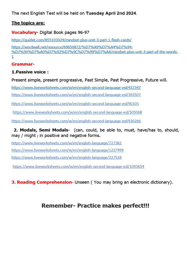 English Test Details for April 2024 | PDF