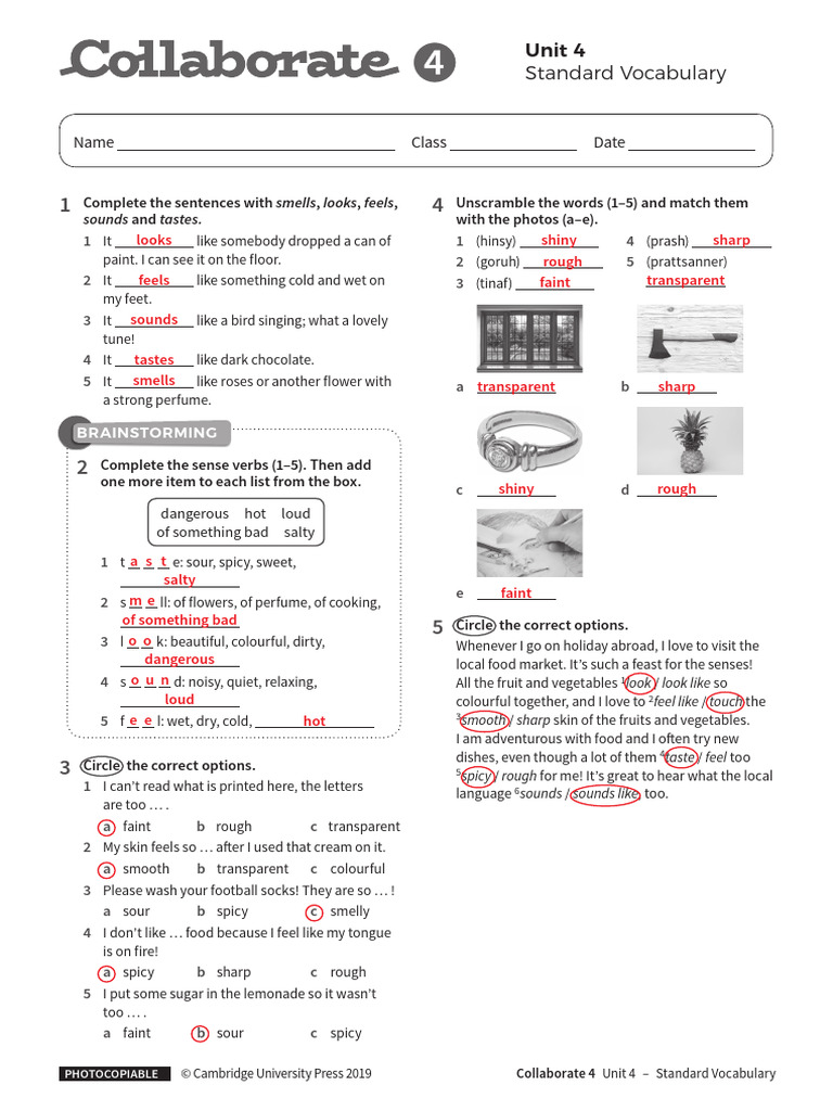 Collaborate 4 Unit 4 Standard Vocabulary With Answers | PDF | Taste | Foods