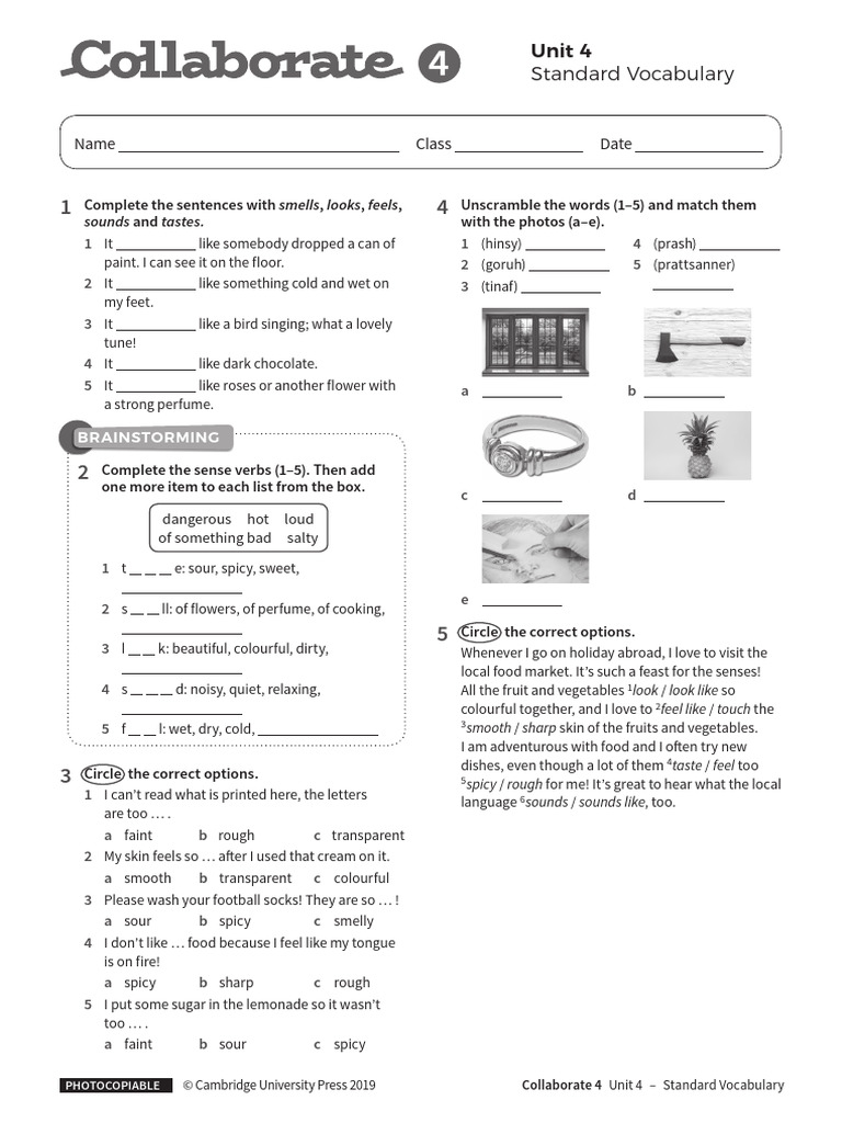 Collaborate 4 Unit 4 Standard Vocabulary Without Answers | Download Free PDF | Taste | Cuisine