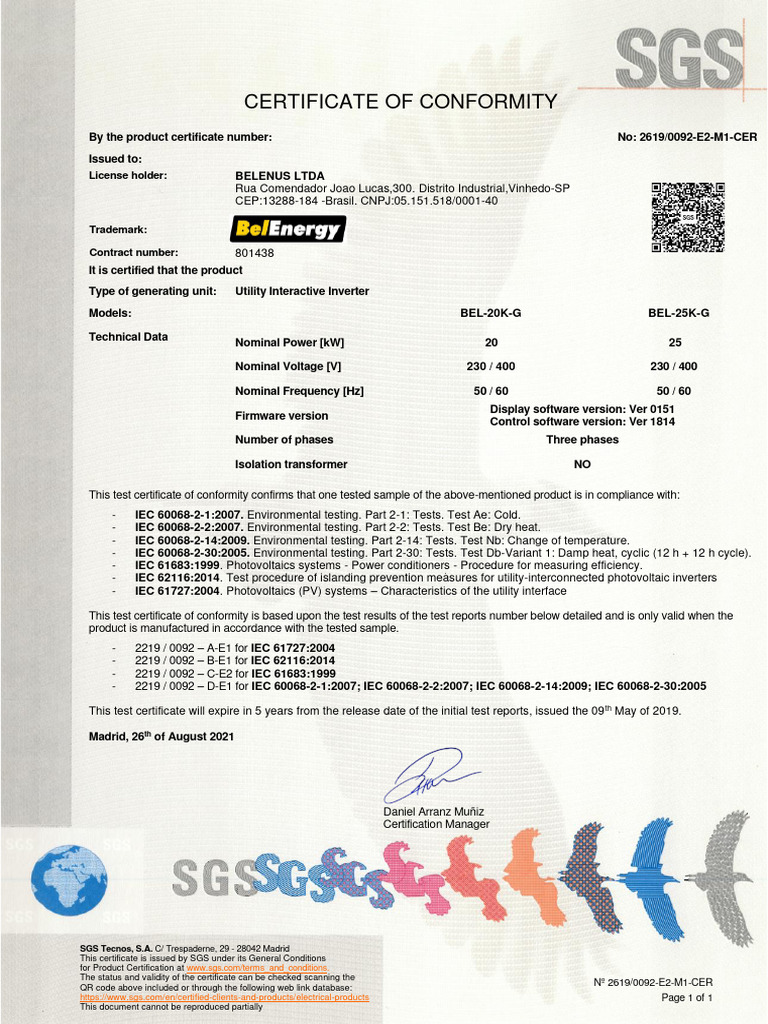 Certificate of Conformity for Inverters | PDF | Photovoltaic System ...