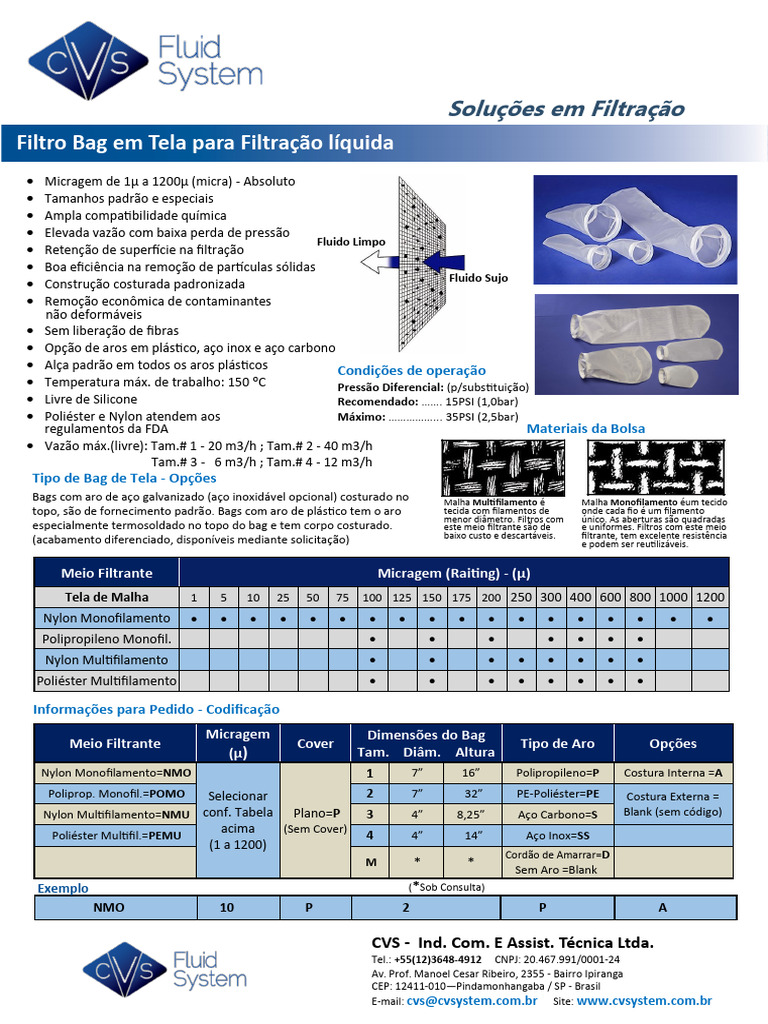 Data Sheet Filtro Bag Nmo Tela | PDF