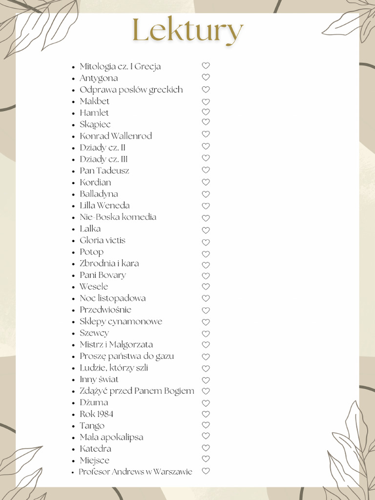 Lektury Do Matury Z Polskiego Checklista | PDF
