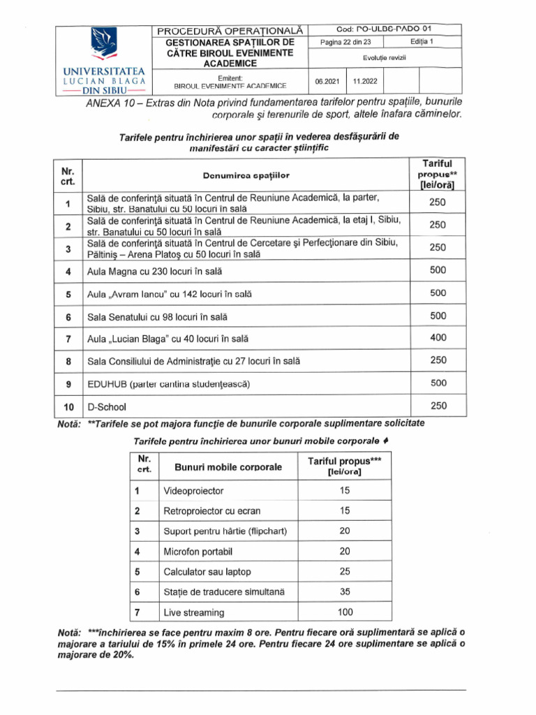 ANEXA 10 - Extras Din Nota Privind Fundamentarea Tarifelor Pentru Spatiile Bunurile Corporale Si ...