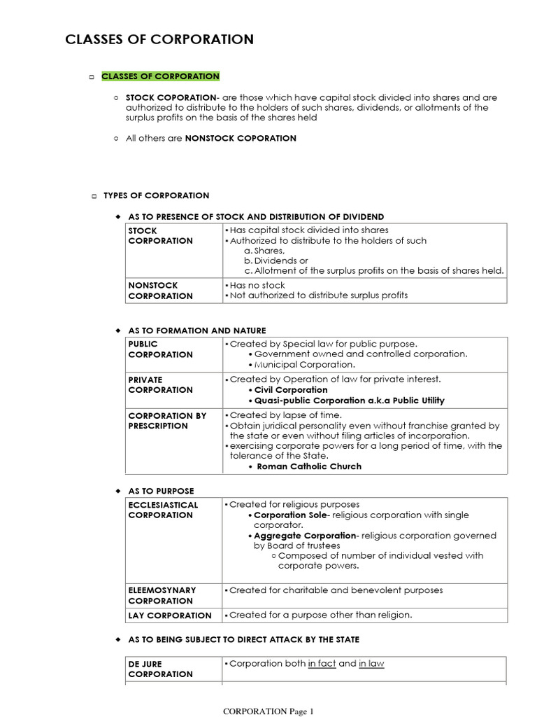 Types and Classes of Corporations Explained | PDF | Law