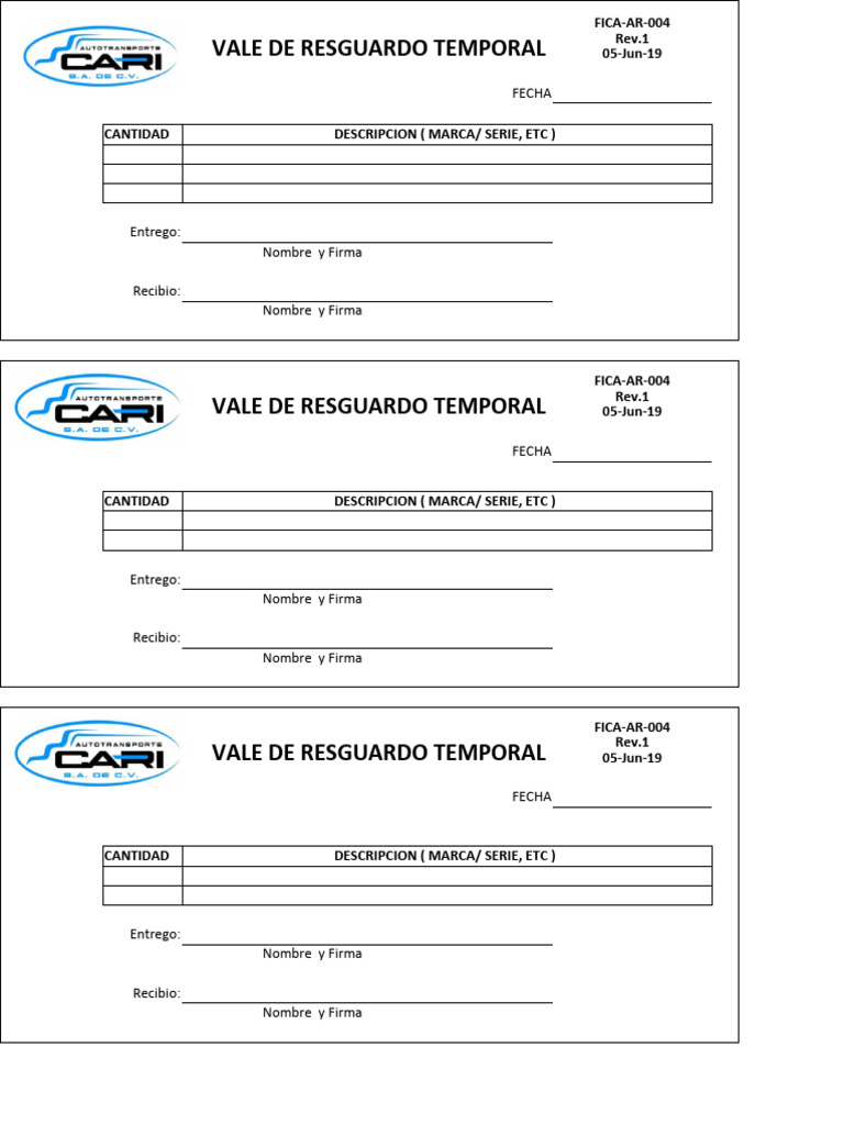 FICA-AR-004 Vale de Resguardo Temporal Rev.1 | PDF