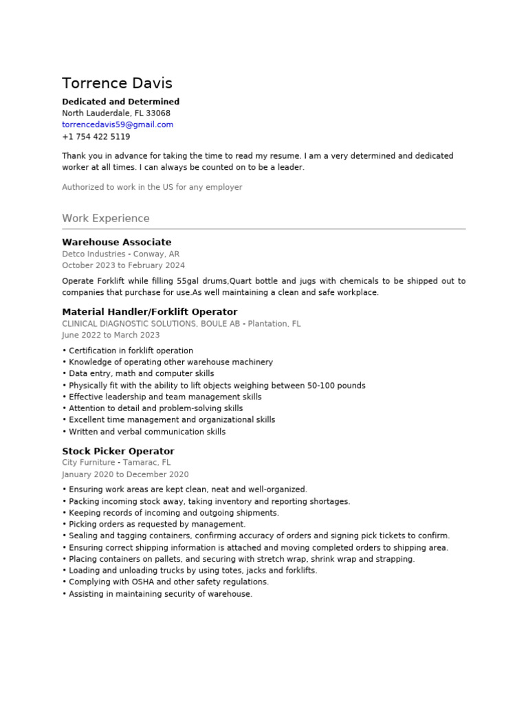 Torrence Davis | PDF | Forklift | Warehouse