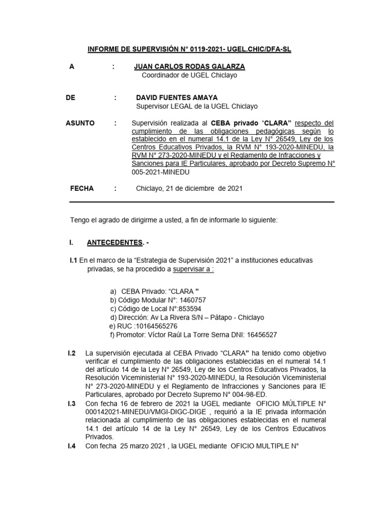 INFORME DE SUPERVISION N°119 CEBA CLARA | PDF