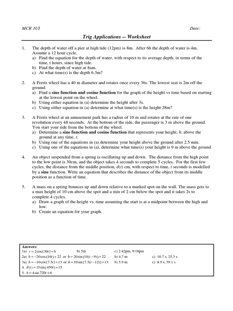 Trig Functions Applications Worksheet | PDF