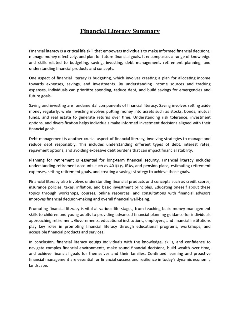 Financial Literacy Summary | PDF | Financial Literacy | Retirement