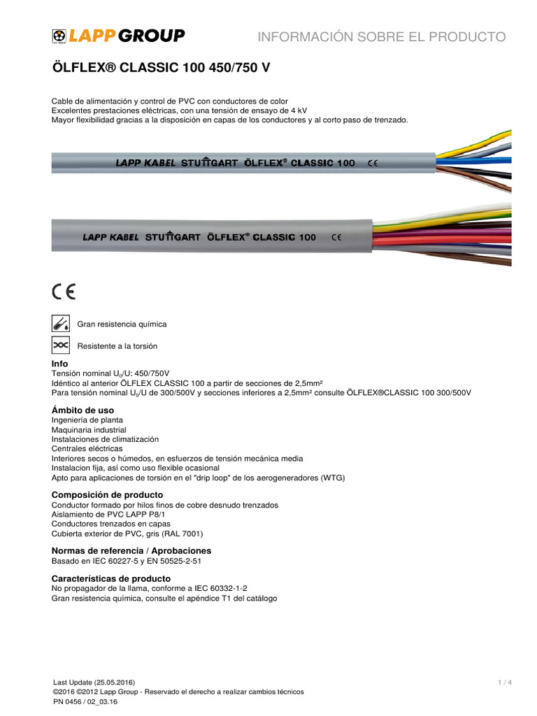 Olflex Classic 100 450-750V | PDF | Materiales | Ingenieria Eléctrica