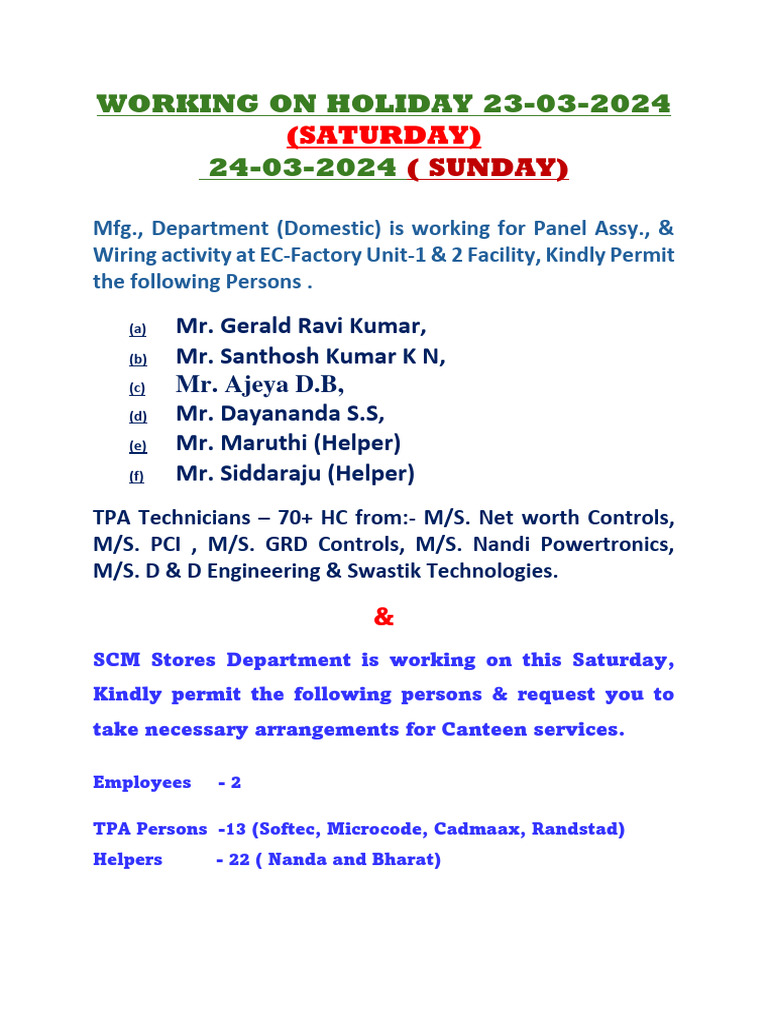 WORKING ON HOLIDAY | PDF