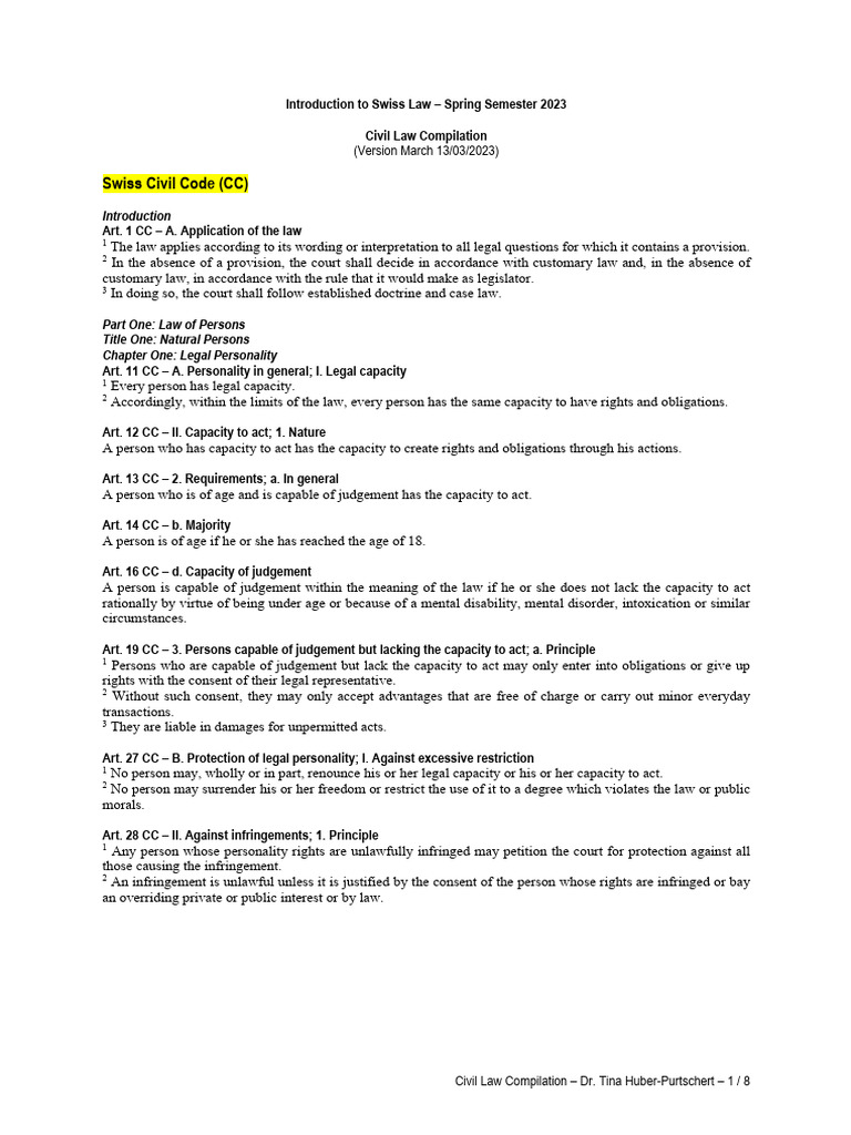 Swiss Civil Law Overview 2023 | PDF | Lease | Employment