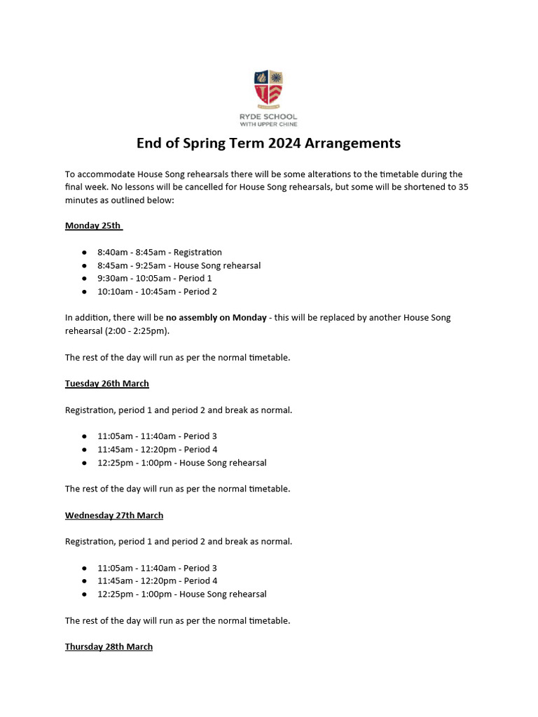 End of Spring Term Arragements 2024 | PDF