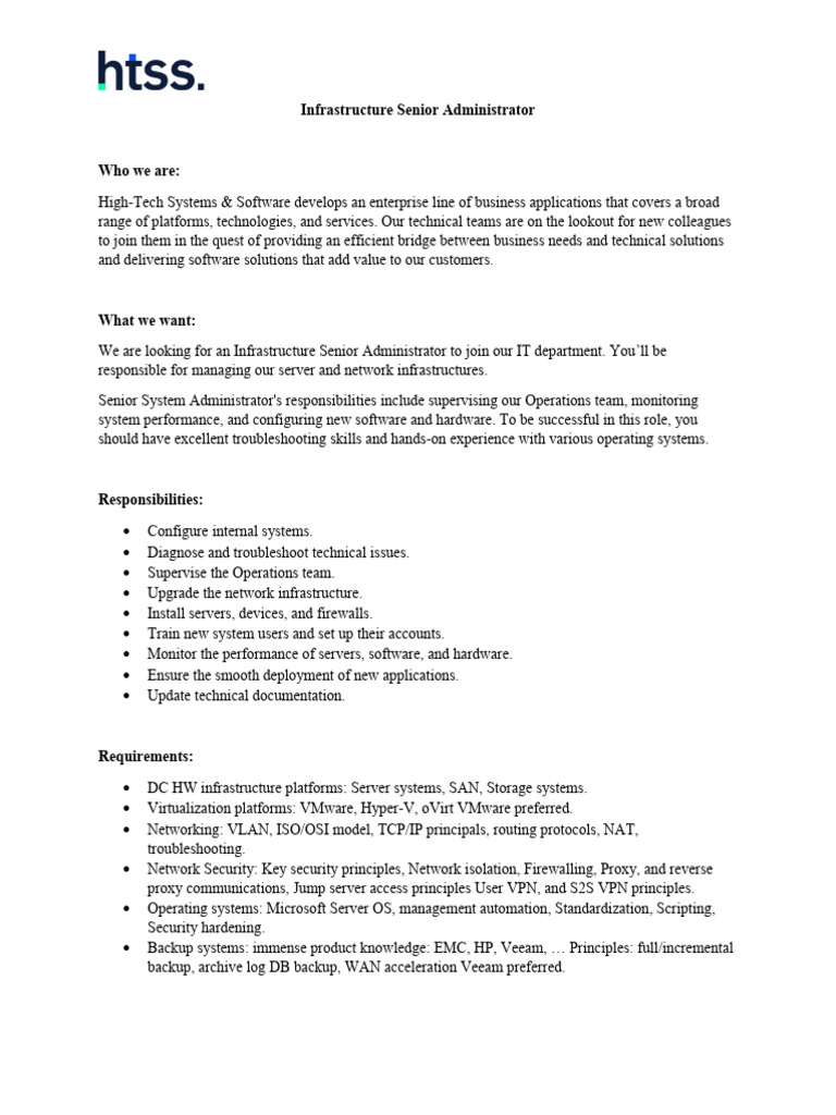 Infrastructure Senior Administrator JD | PDF | Computer Network | Proxy Server