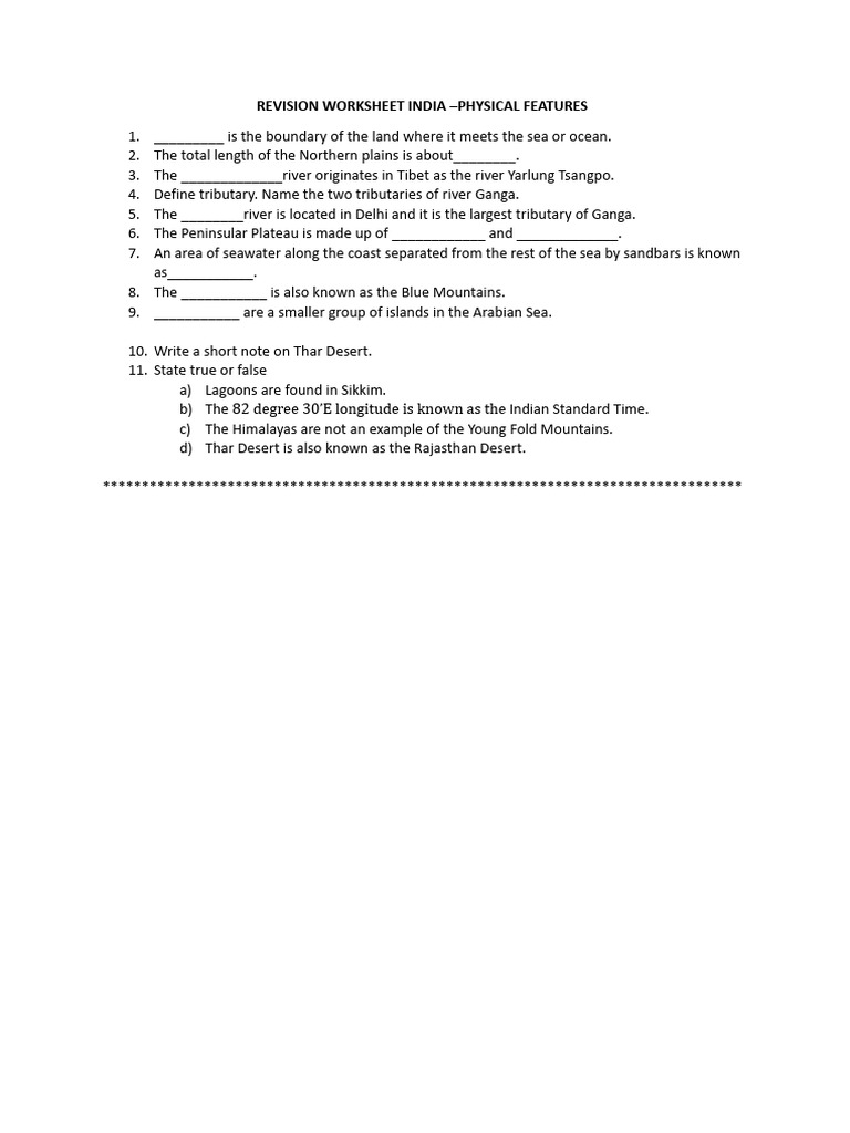 Physical Features of India Worksheet | PDF