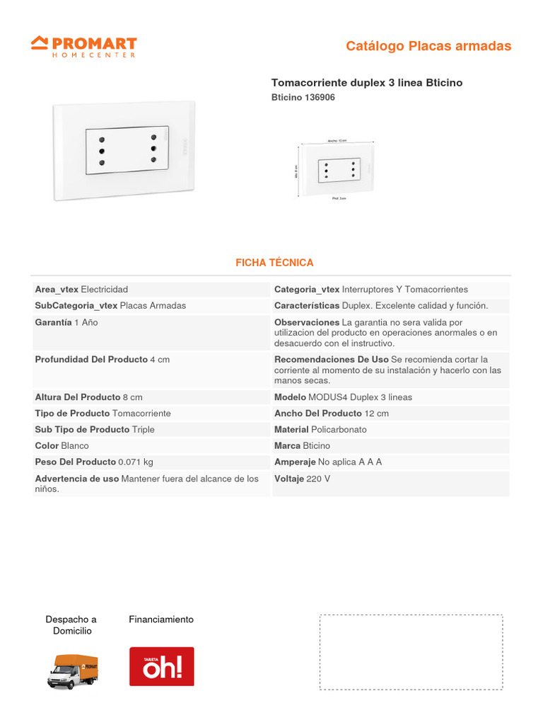 Tomacorriente Duplex 3 Líneas Bticino | PDF